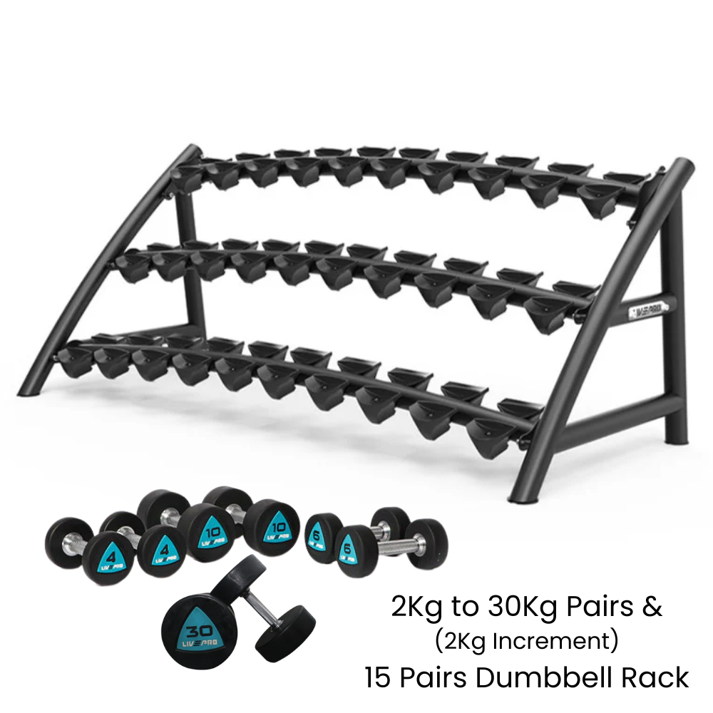 Livepro Urethane Round Dumbbells Set (2-30kg) with 15-Pair Rack – Sole ...