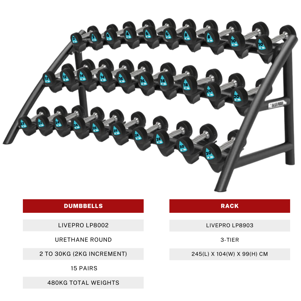 Urethane Round Dumbbells Set 2-30kg with Rack | Premium Gym Equipment ...